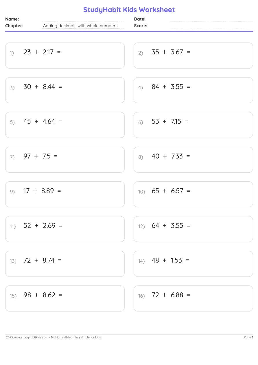 Fifth Grade Addition Adding decimals with whole numbers worksheet ...