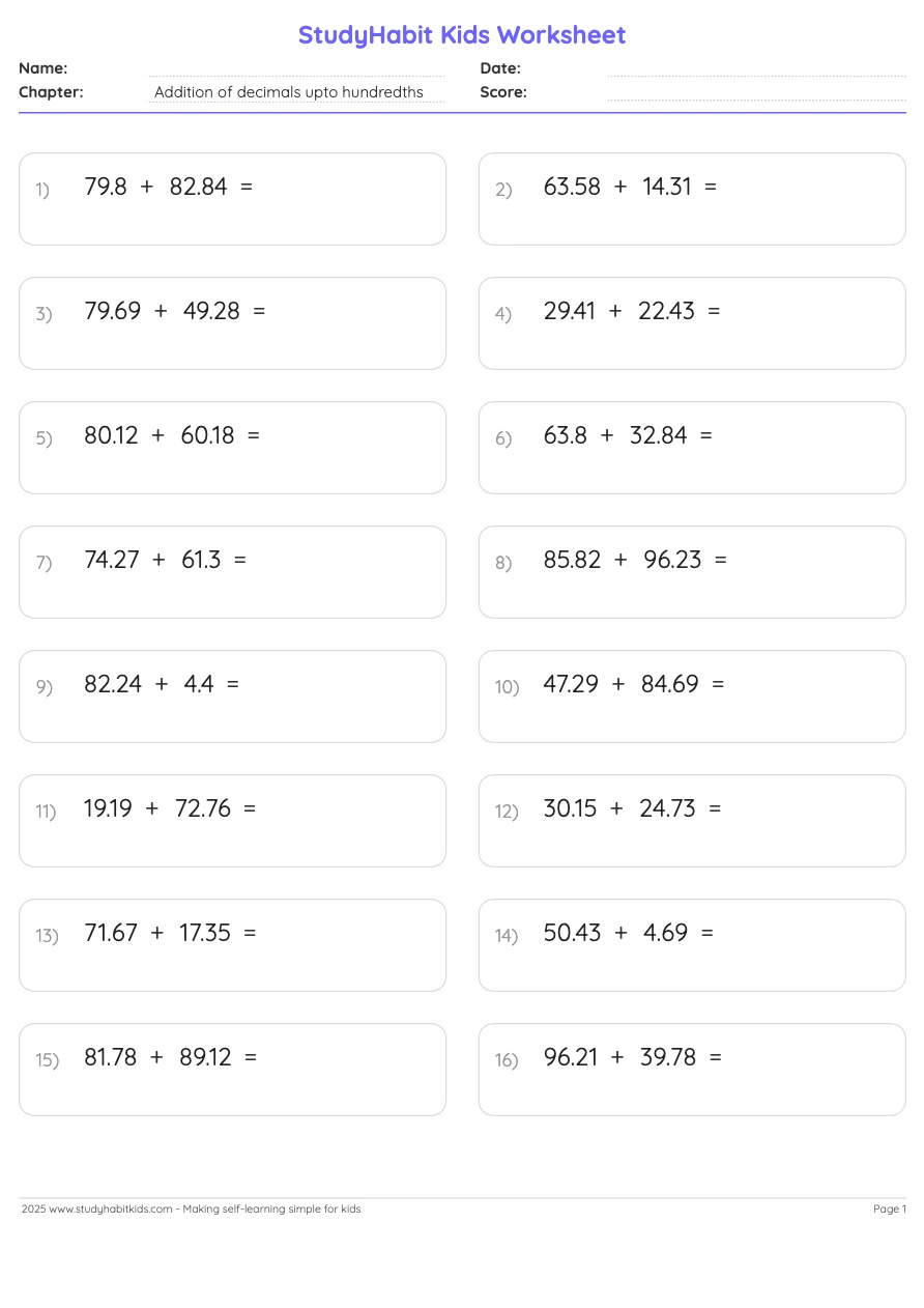 Fifth Grade Addition Addition of decimals upto hundredths worksheet ...