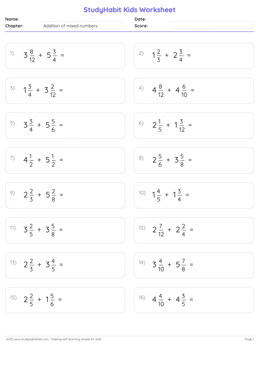 Fifth Grade Addition Addition of mixed numbers worksheet preview - Free ...
