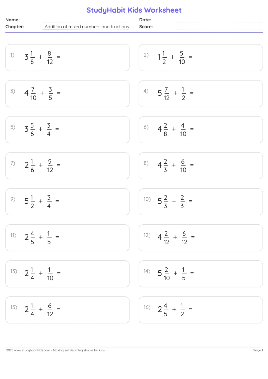Fifth Grade Addition Addition of mixed numbers and fractions worksheet ...