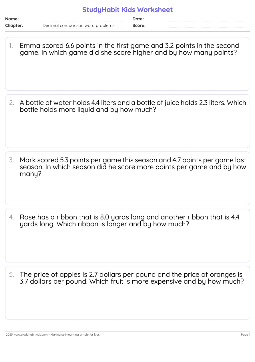 Fifth Grade Decimals 1-digit Decimal comparison word problems worksheet ...