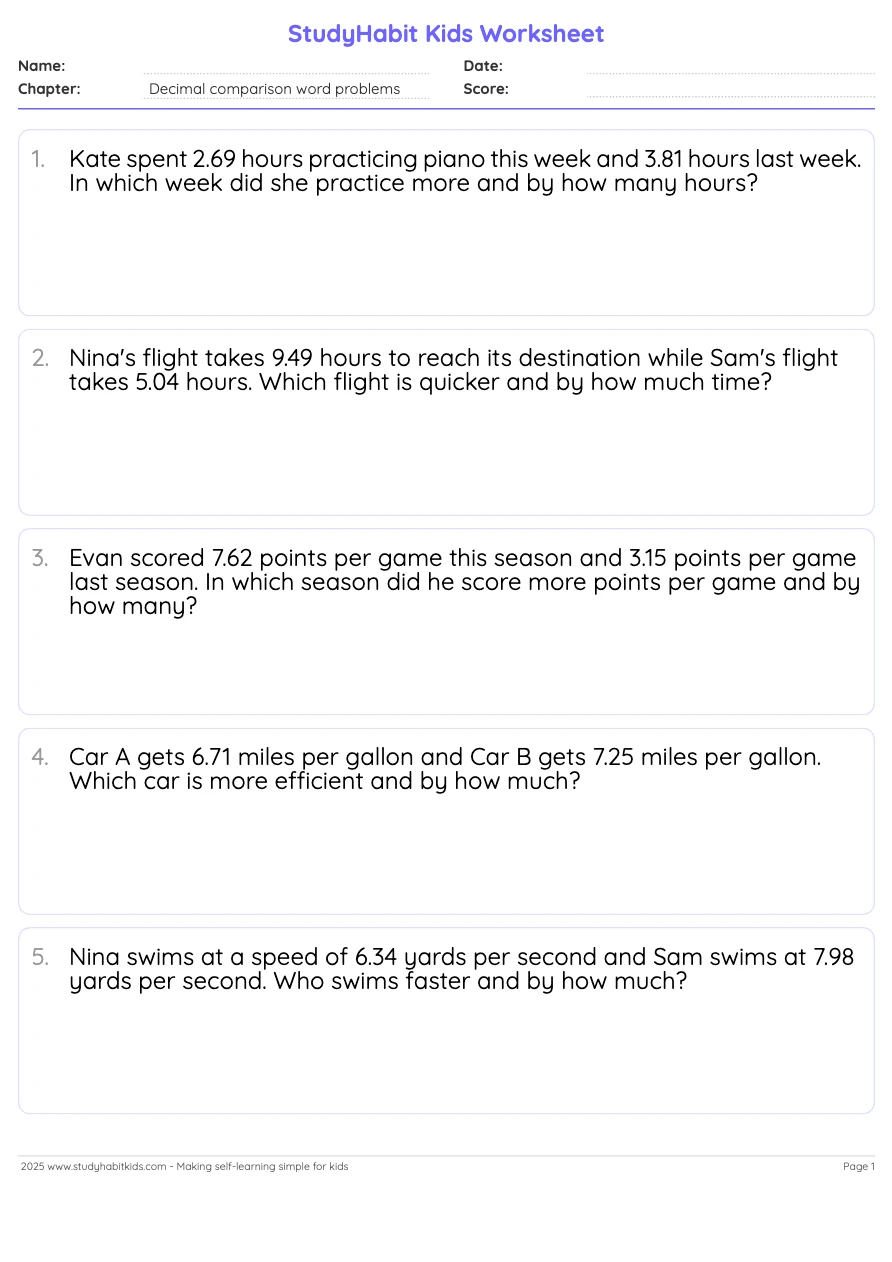 Fifth Grade Decimals 2-digit Decimal comparison word problems worksheet ...