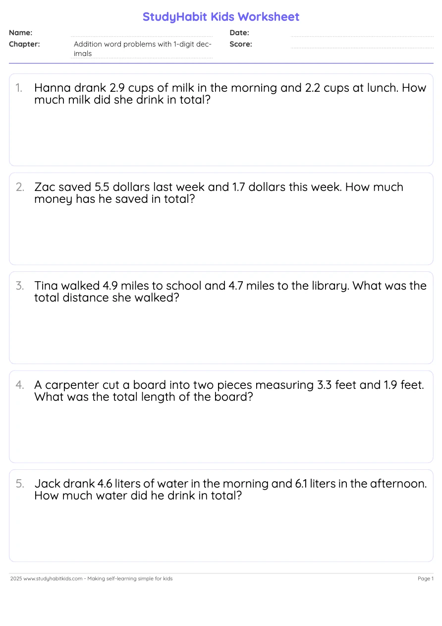 Fifth Grade Decimals Addition word problems with 1-digit decimals ...