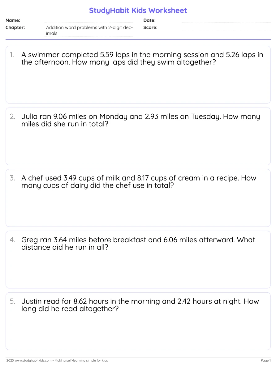 Fifth Grade Decimals Addition word problems with 2-digit decimals ...