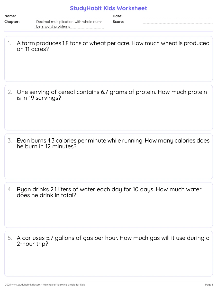 Fifth Grade Decimals Decimal multiplication with whole numbers word ...