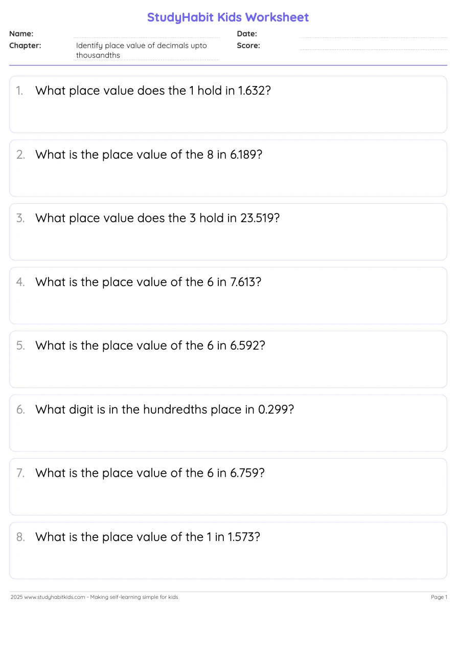 Fifth Grade Decimals Identify place value of decimals upto thousandths ...