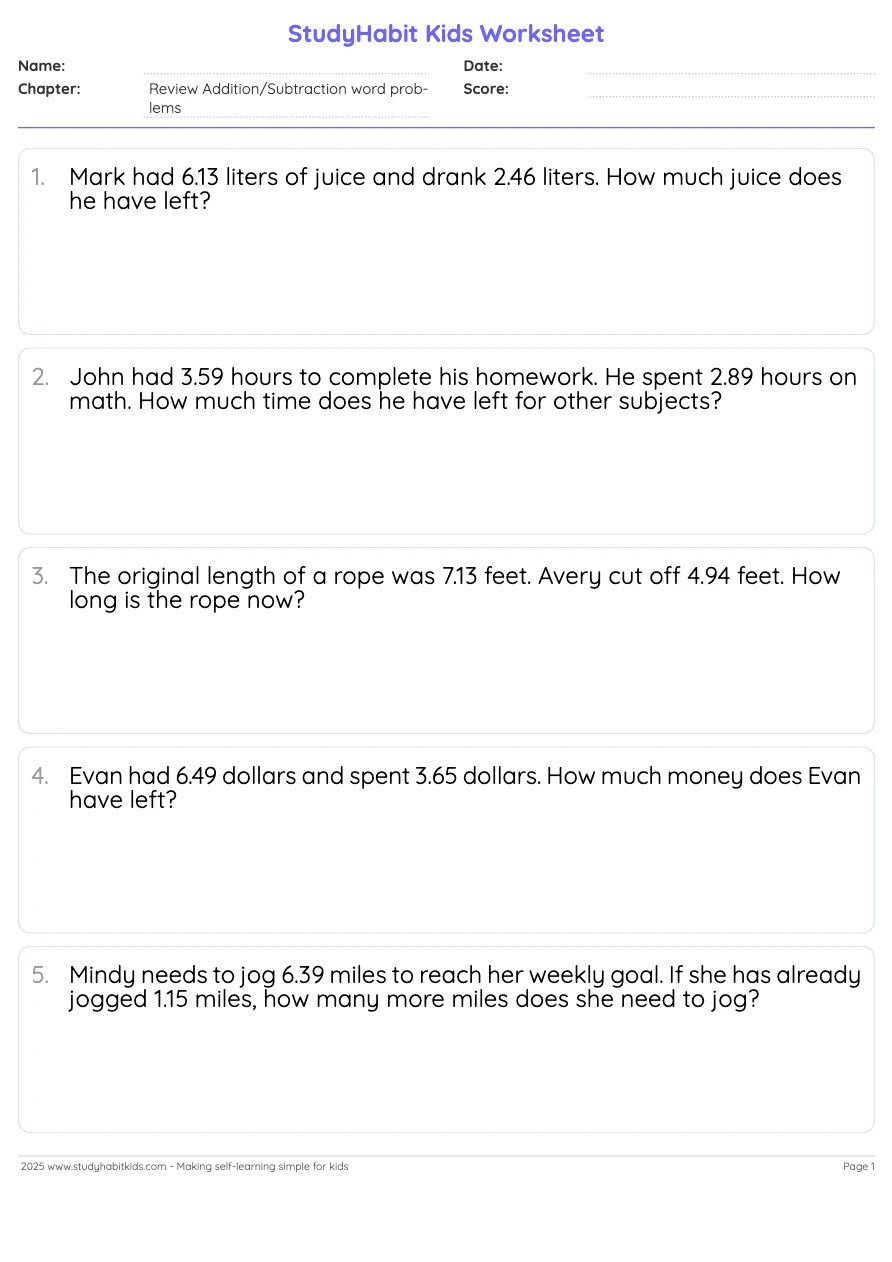 Fifth Grade Decimals Review Addition/Subtraction word problems ...