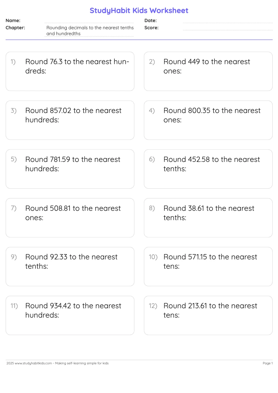 Fifth Grade Decimals Round decimal numbers to the nearest tenths and ...
