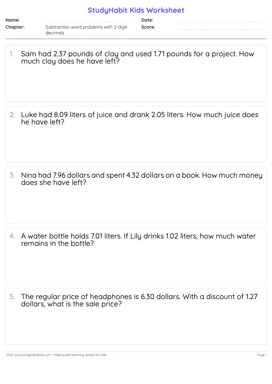 Fifth Grade Decimals Subtraction word problems with 2-digit decimals ...