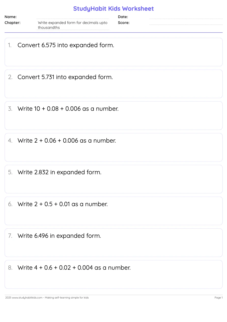 Fifth Grade Decimals Write expanded form for decimals upto thousandths ...