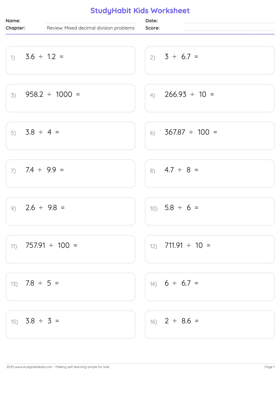 Fifth Grade Division A mix of decimal division problems worksheet ...