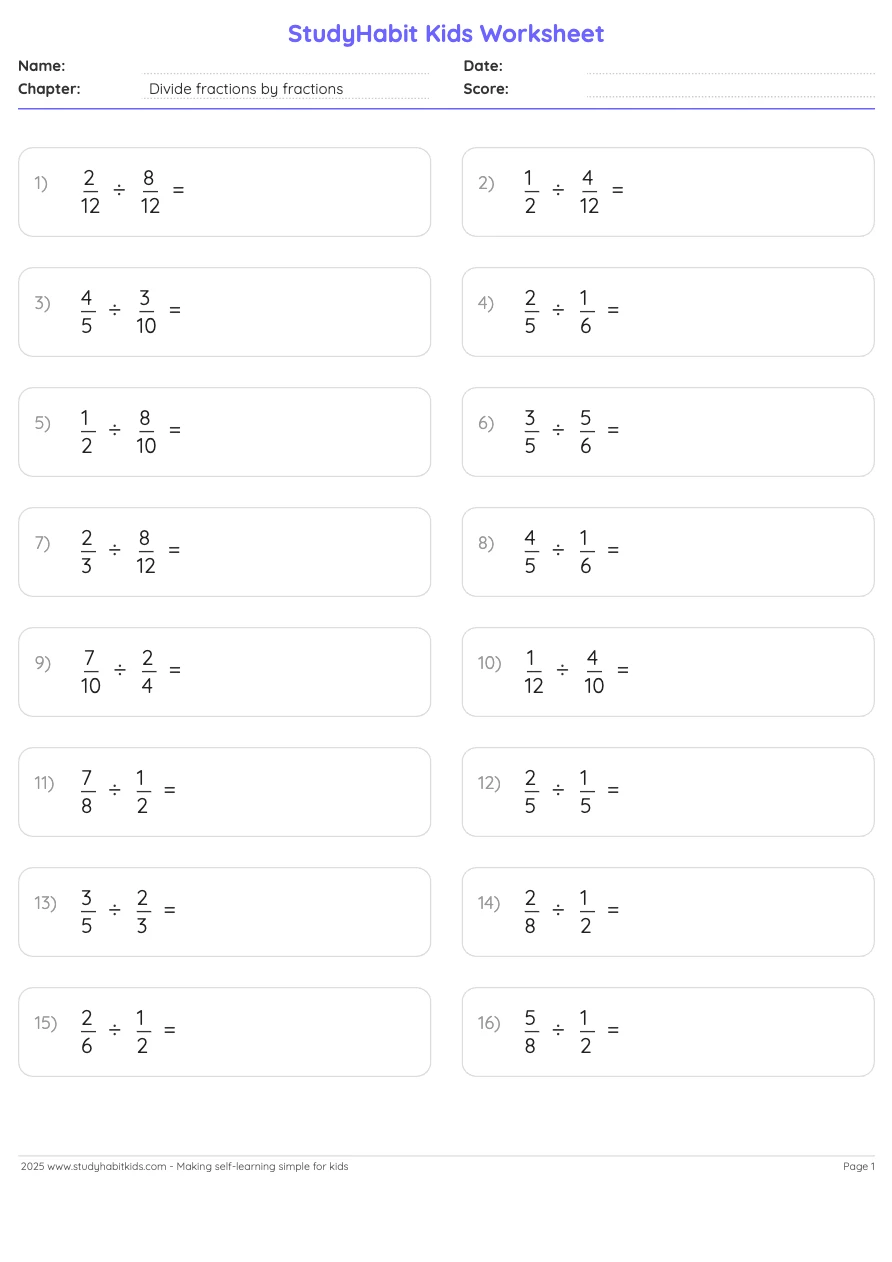 Fifth Grade Division Divide a fraction by another fraction worksheet ...