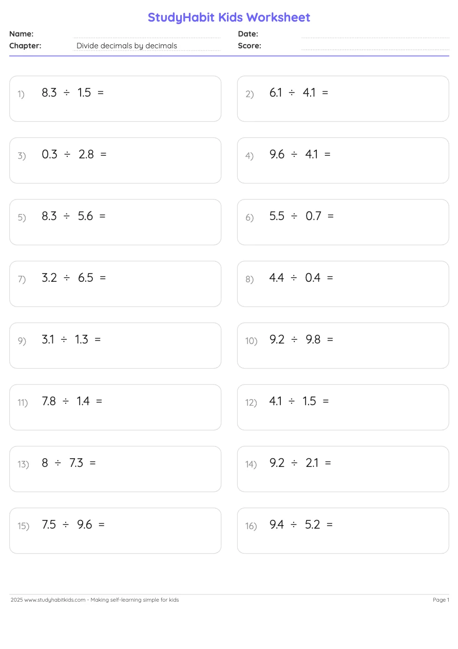 Fifth Grade Division Divide decimals by decimals worksheet preview ...