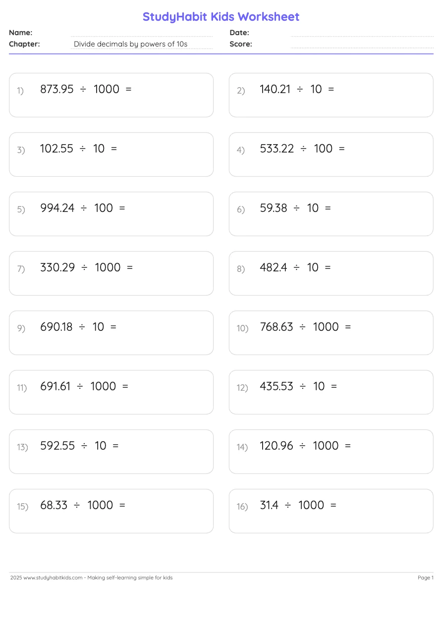 Fifth Grade Division Divide decimals by powers of 10s worksheet preview ...