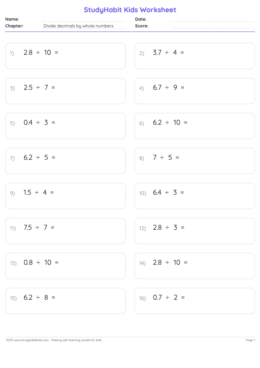 Fifth Grade Division Divide decimals by whole numbers worksheet preview ...