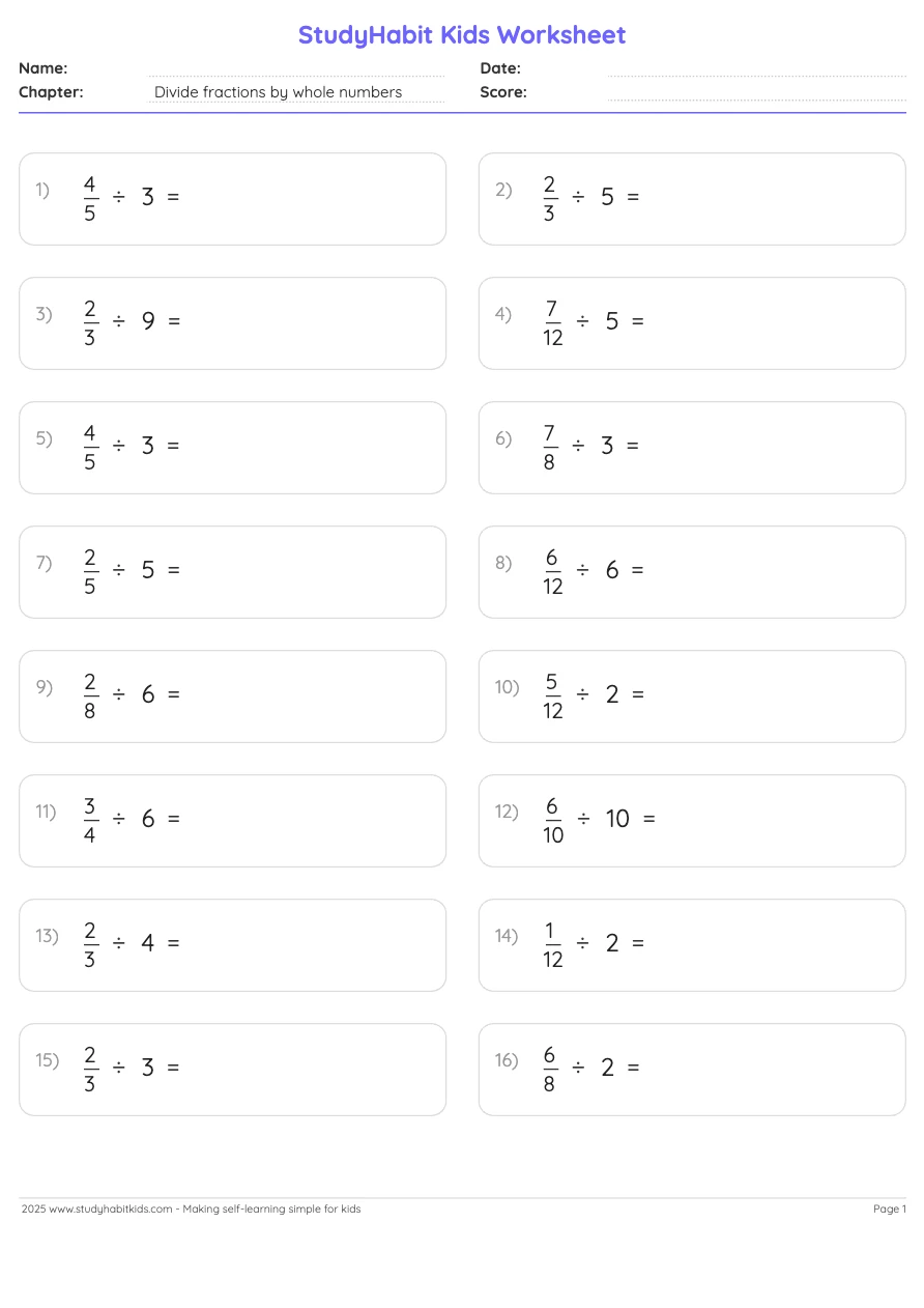 Fifth Grade Division Divide fractions by whole numbers worksheet ...