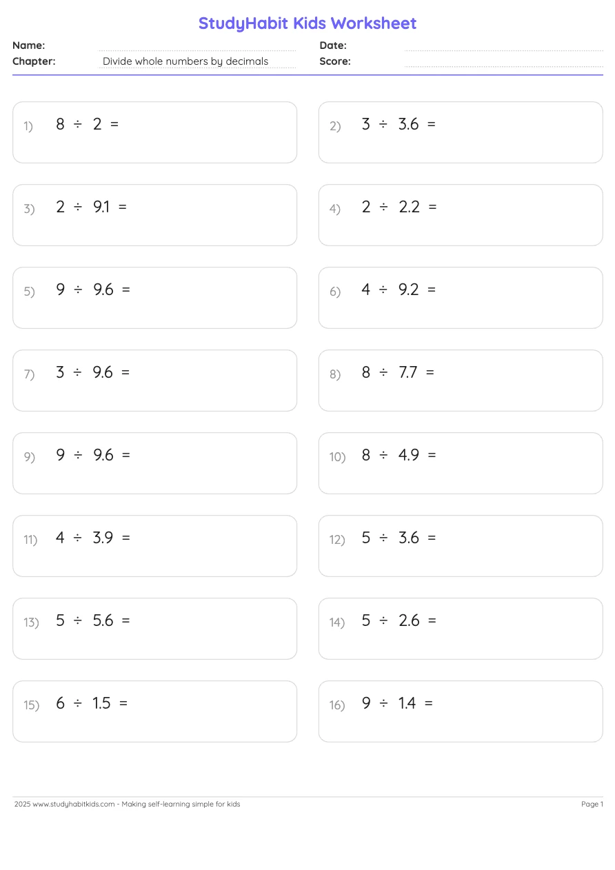 Fifth Grade Division Divide whole numbers by decimals worksheet preview ...