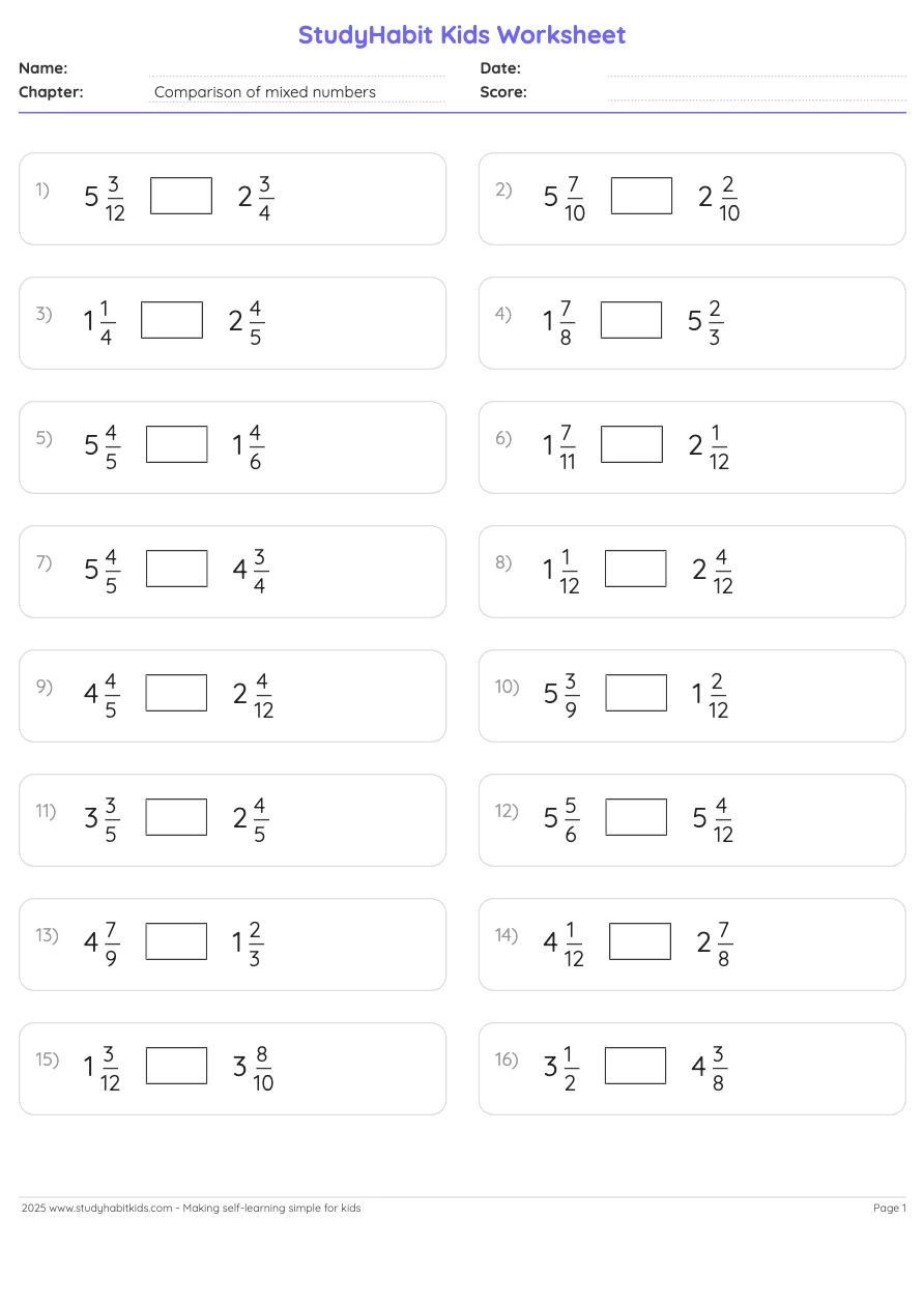 Fifth Grade Fractions Comparison of mixed numbers worksheet preview ...