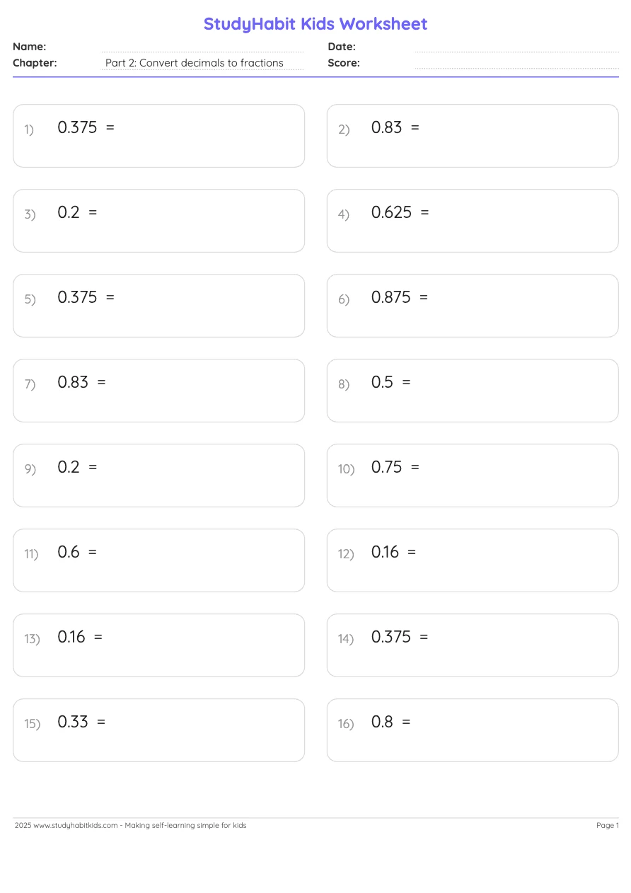 Fifth Grade Fractions Convert decimals to fractions worksheet preview ...