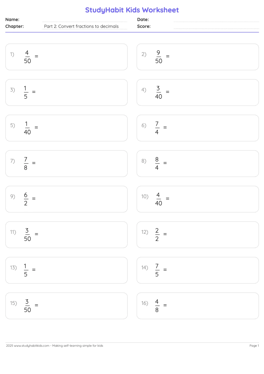 Fifth Grade Fractions Convert fractions to decimals worksheet preview ...