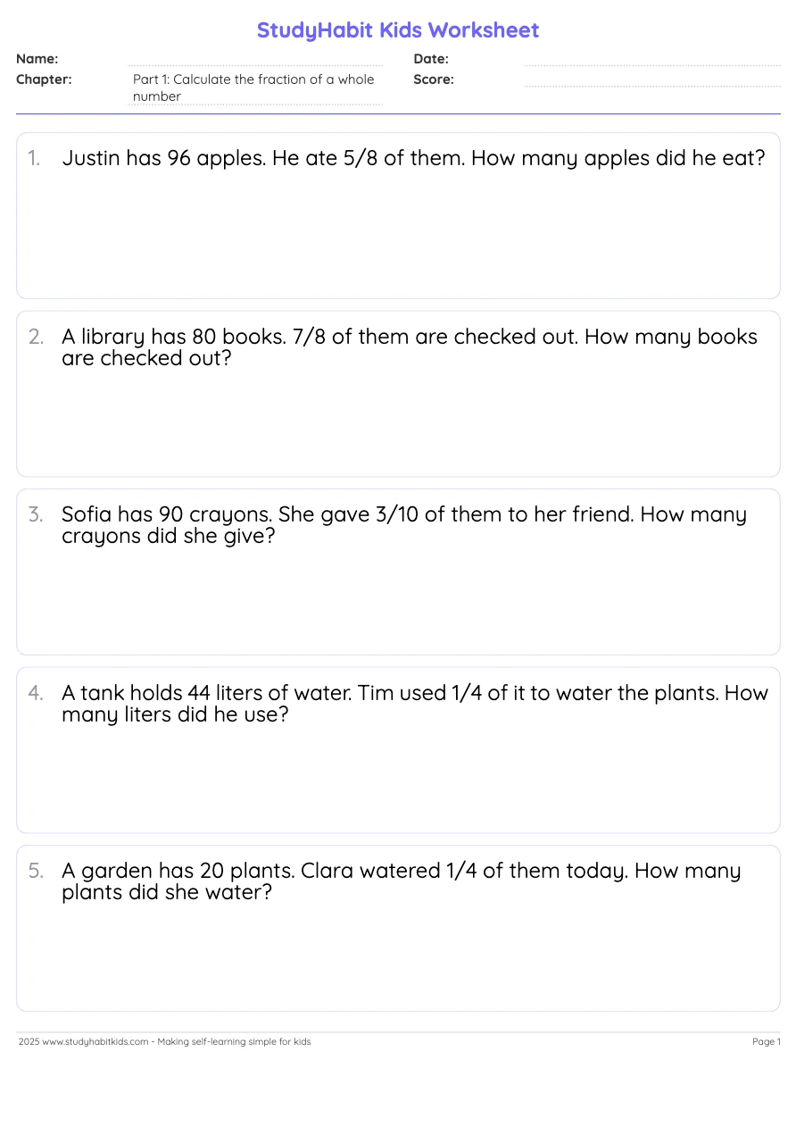 Fifth Grade Fractions Fraction(Upto 1/10) of a whole number involving ...