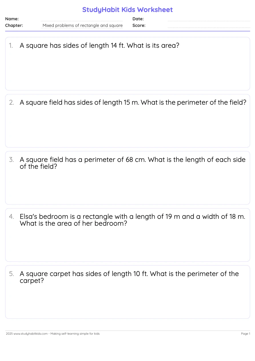Fifth Grade Measurement Mixed problems of rectangle and square ...
