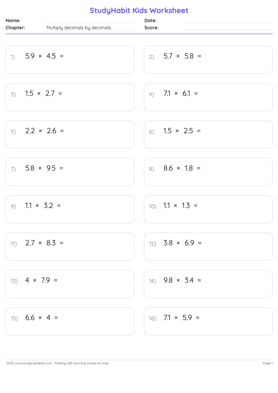 Fifth Grade Multiplication Multiply decimals by decimals worksheet ...