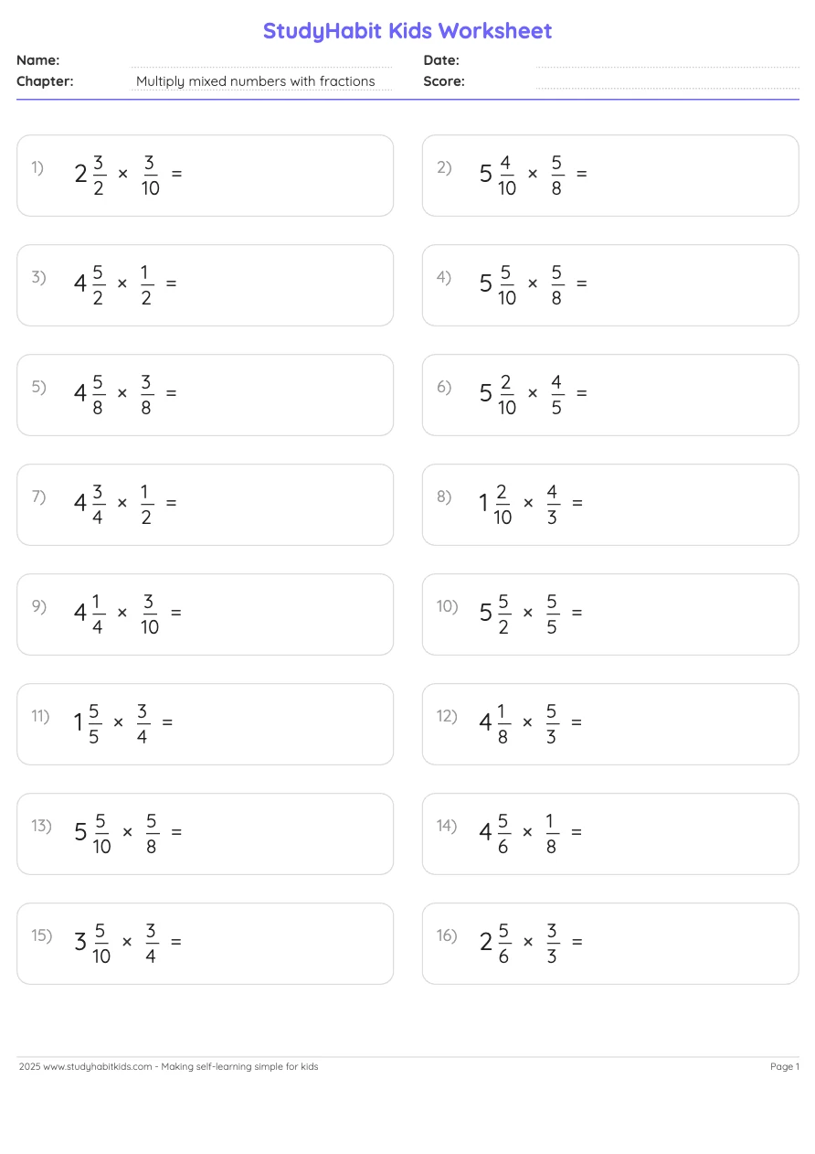 Fifth Grade Multiplication Multiply mixed numbers with fractions ...