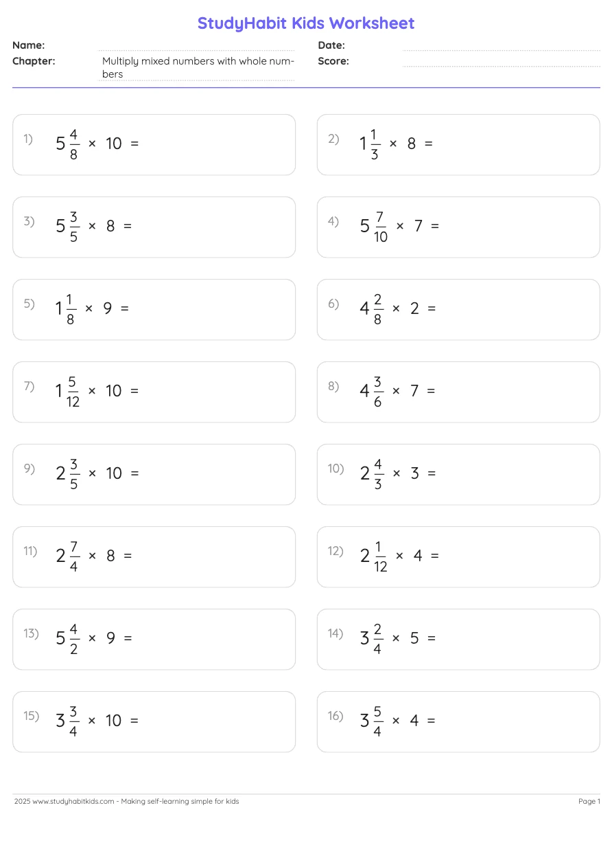 Fifth Grade Multiplication Multiply mixed numbers with whole numbers ...