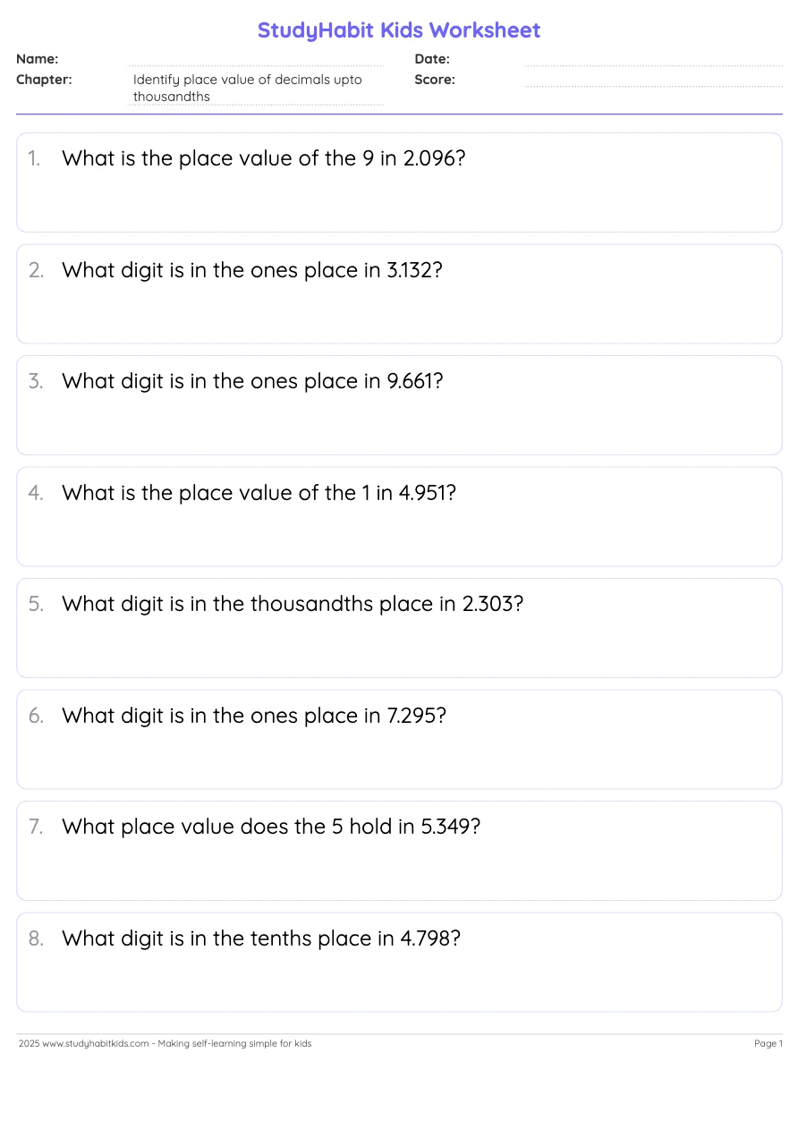 Fifth Grade Place Value Identify place value of decimals upto ...