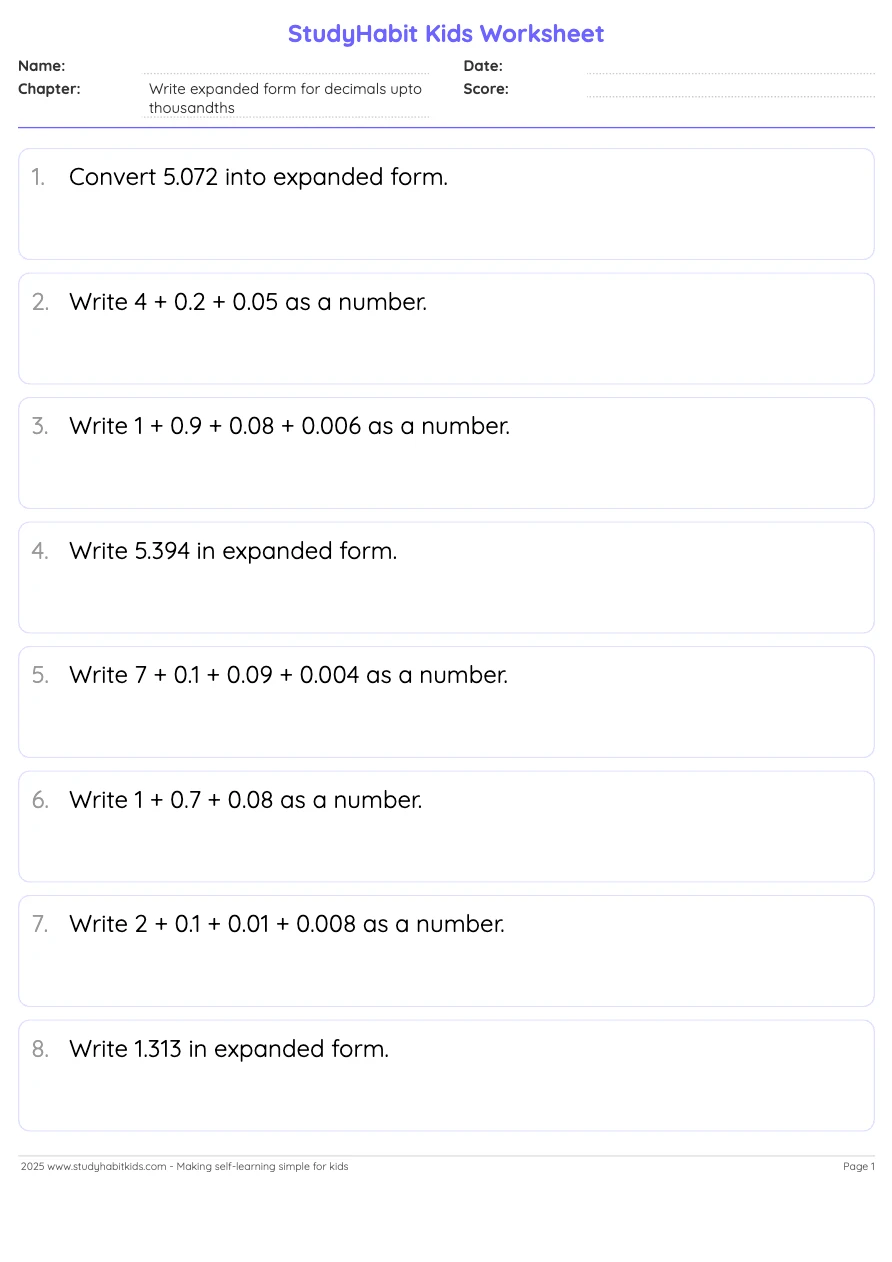 Fifth Grade Place Value Write expanded form for decimals upto ...