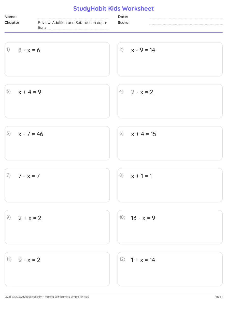 Fifth Grade Pre Algebra A mix of addition and subtraction equations ...