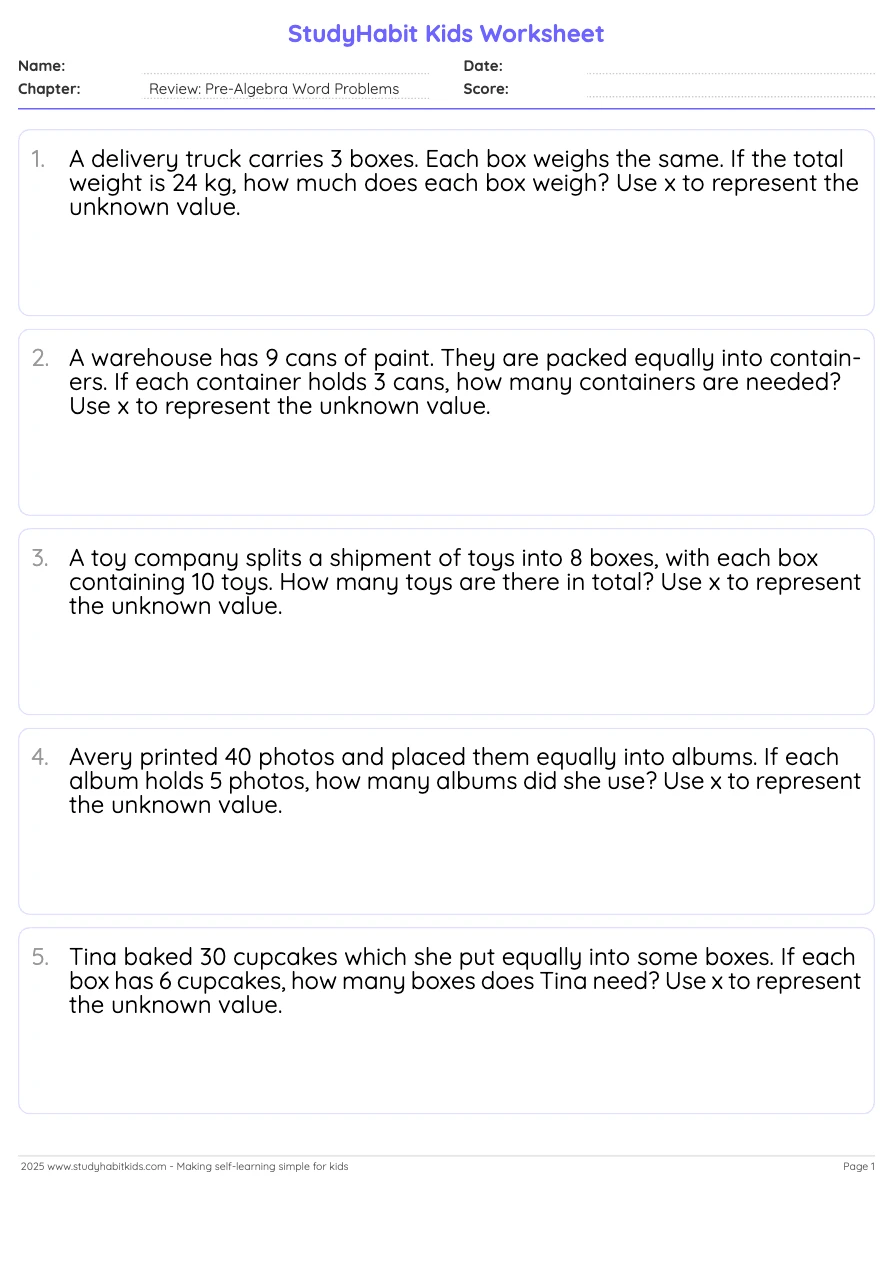 Fifth Grade Pre Algebra Division and multiplication word problems from ...