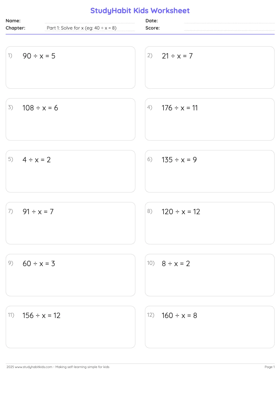 Fifth Grade Pre Algebra Division equation(eg: 40 ÷ x = 8) without ...