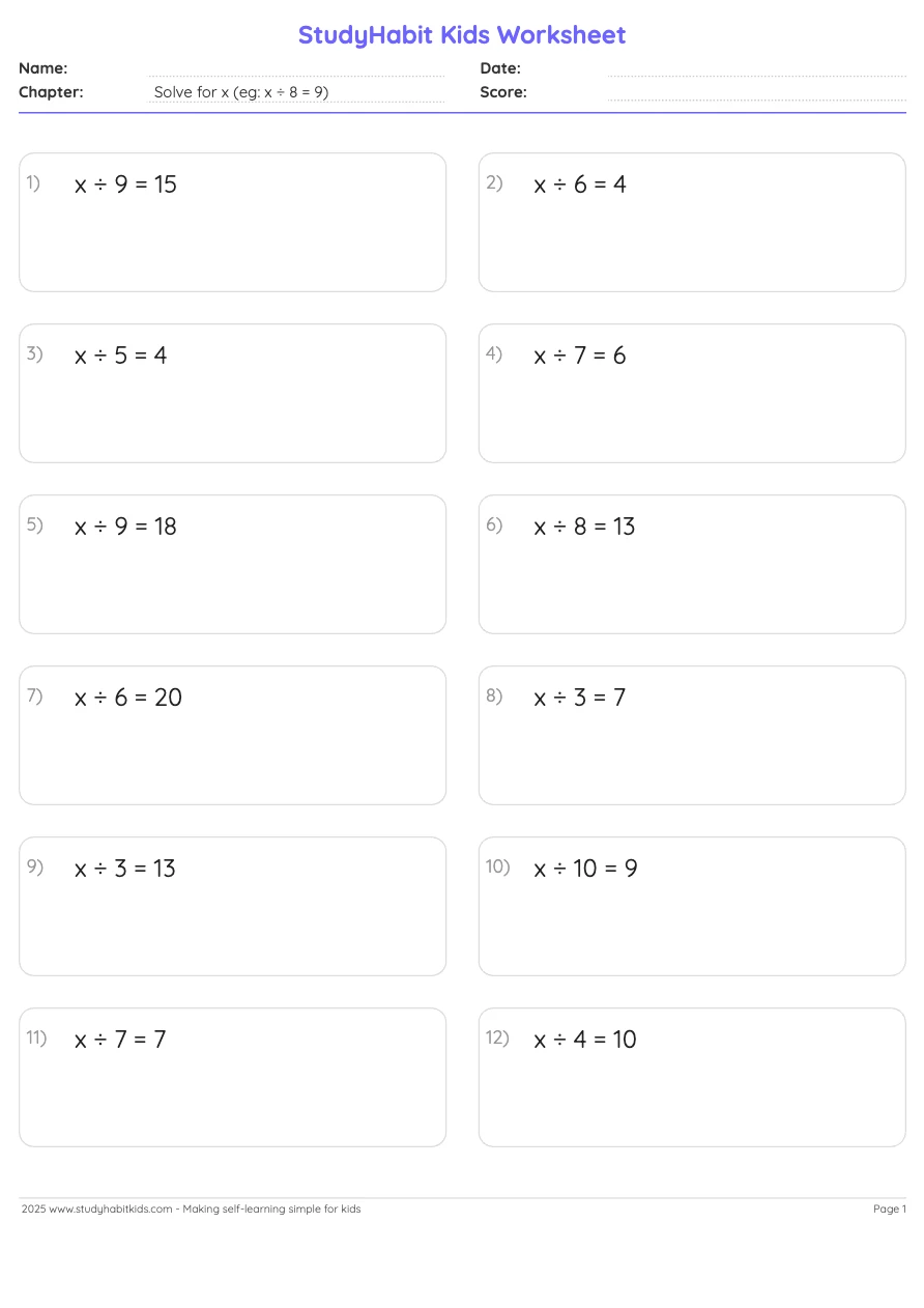 Fifth Grade Pre Algebra Division equation(eg: x ÷ 8 = 9) worksheet ...