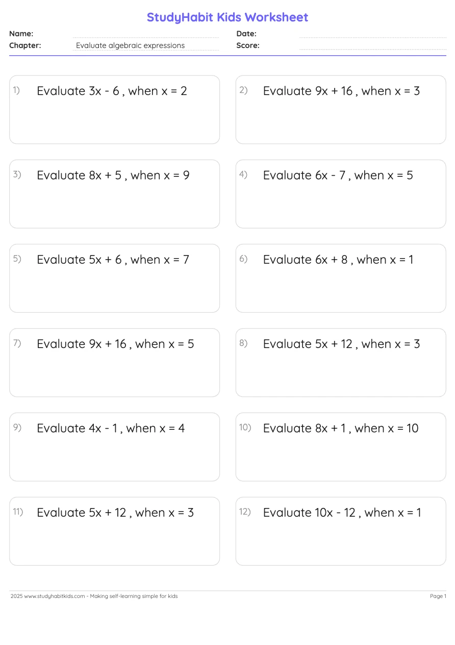 Fifth Grade Pre Algebra Evaluate expressions by substituting values for ...