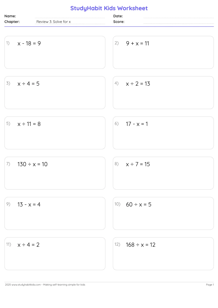 Fifth Grade Pre Algebra Mixed equations with addition, subtraction ...