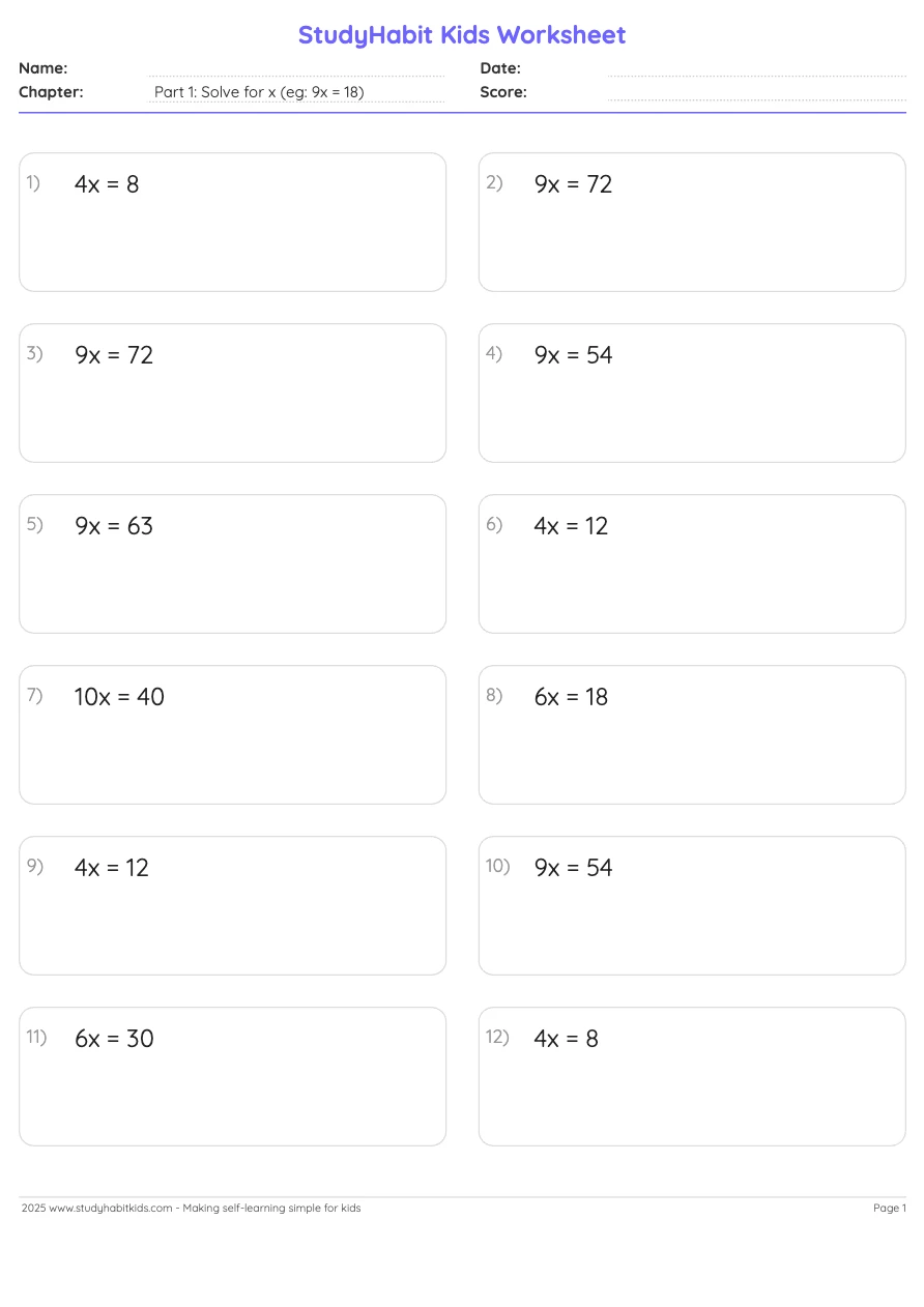 Fifth Grade Pre Algebra Muliplication equation(eg: 9x = 18) without ...