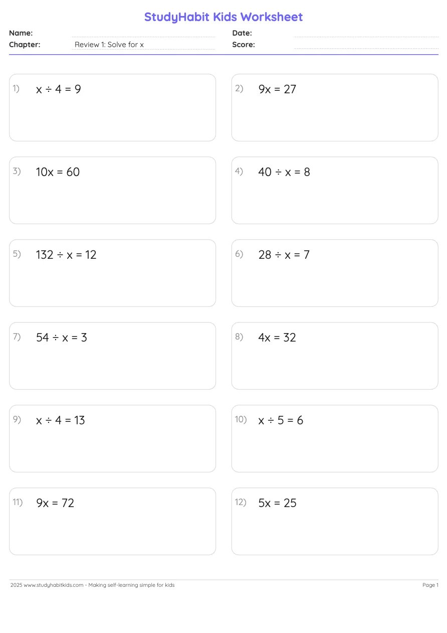 Fifth Grade Pre Algebra Multiplication and division equations without ...