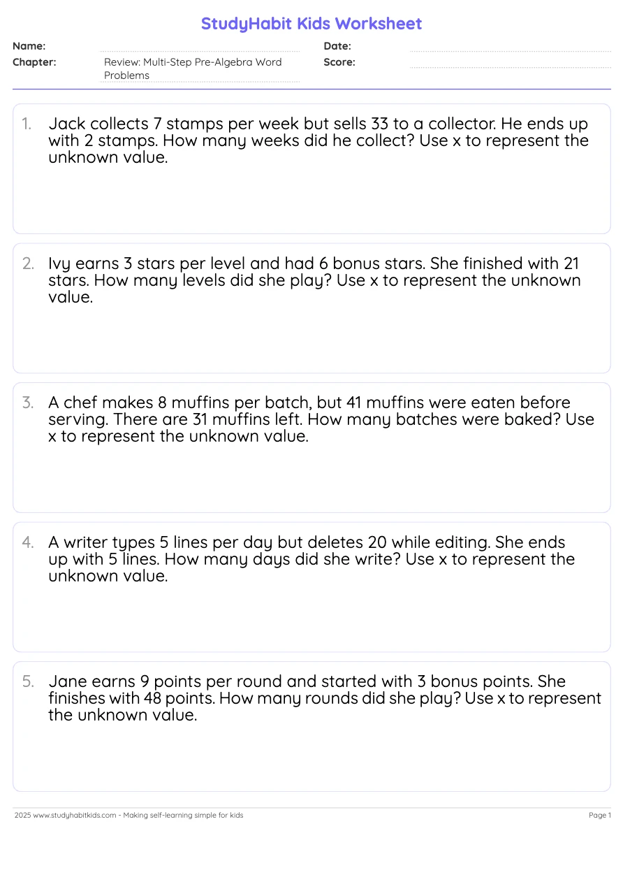 Fifth Grade Pre Algebra Word problems from all sections worksheet ...