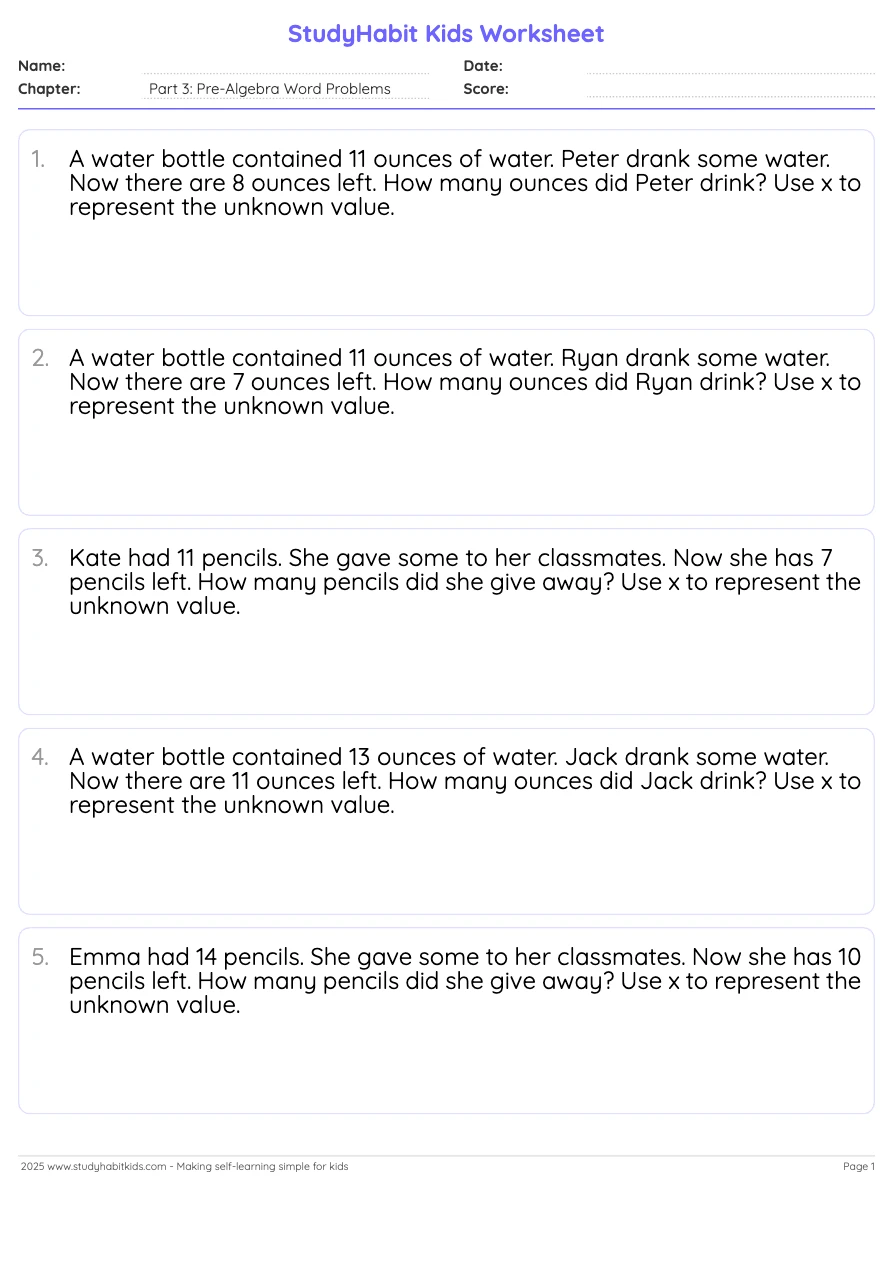 Fifth Grade Pre Algebra Word problems which solve equations like 5 - x ...