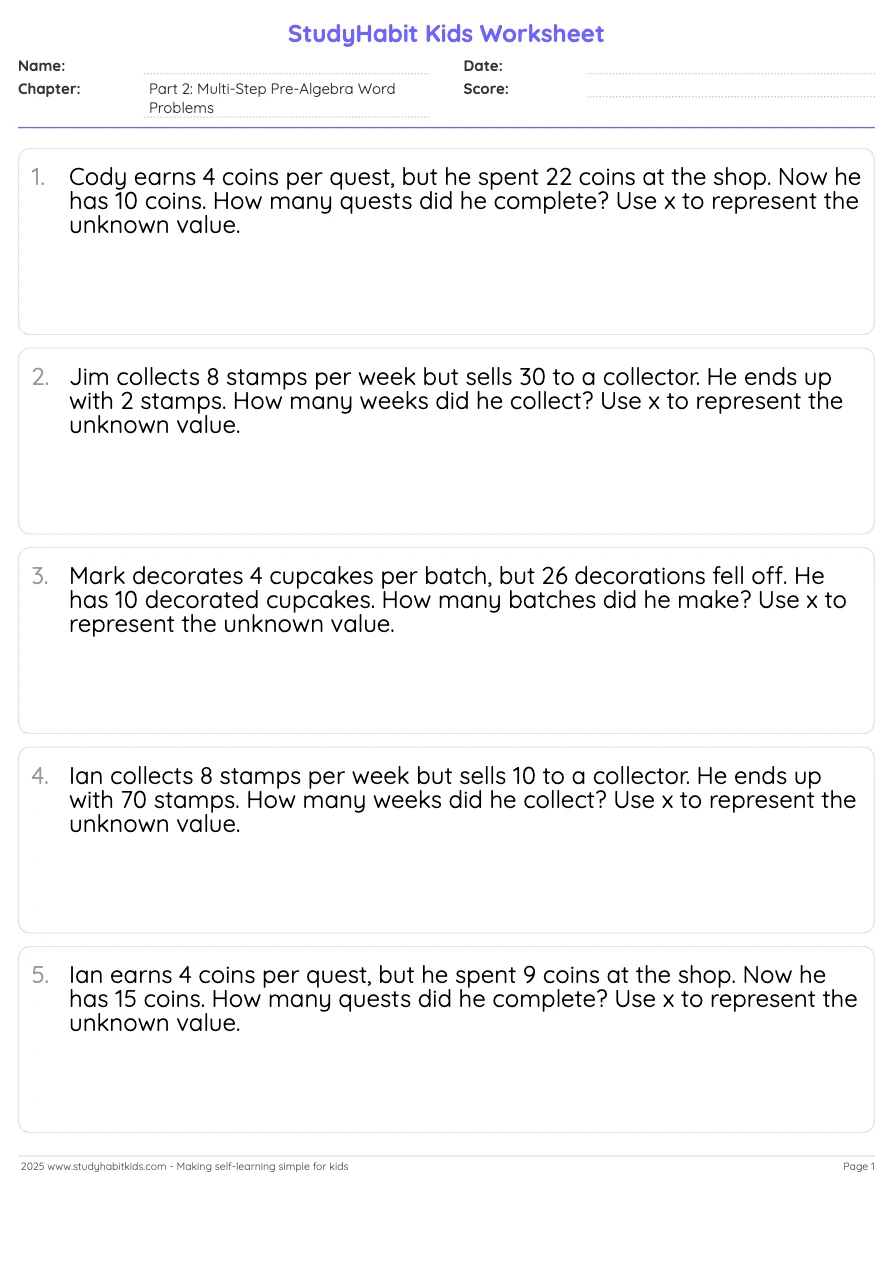 Fifth Grade Pre Algebra Word problems which solve equations like 7x + 5 ...