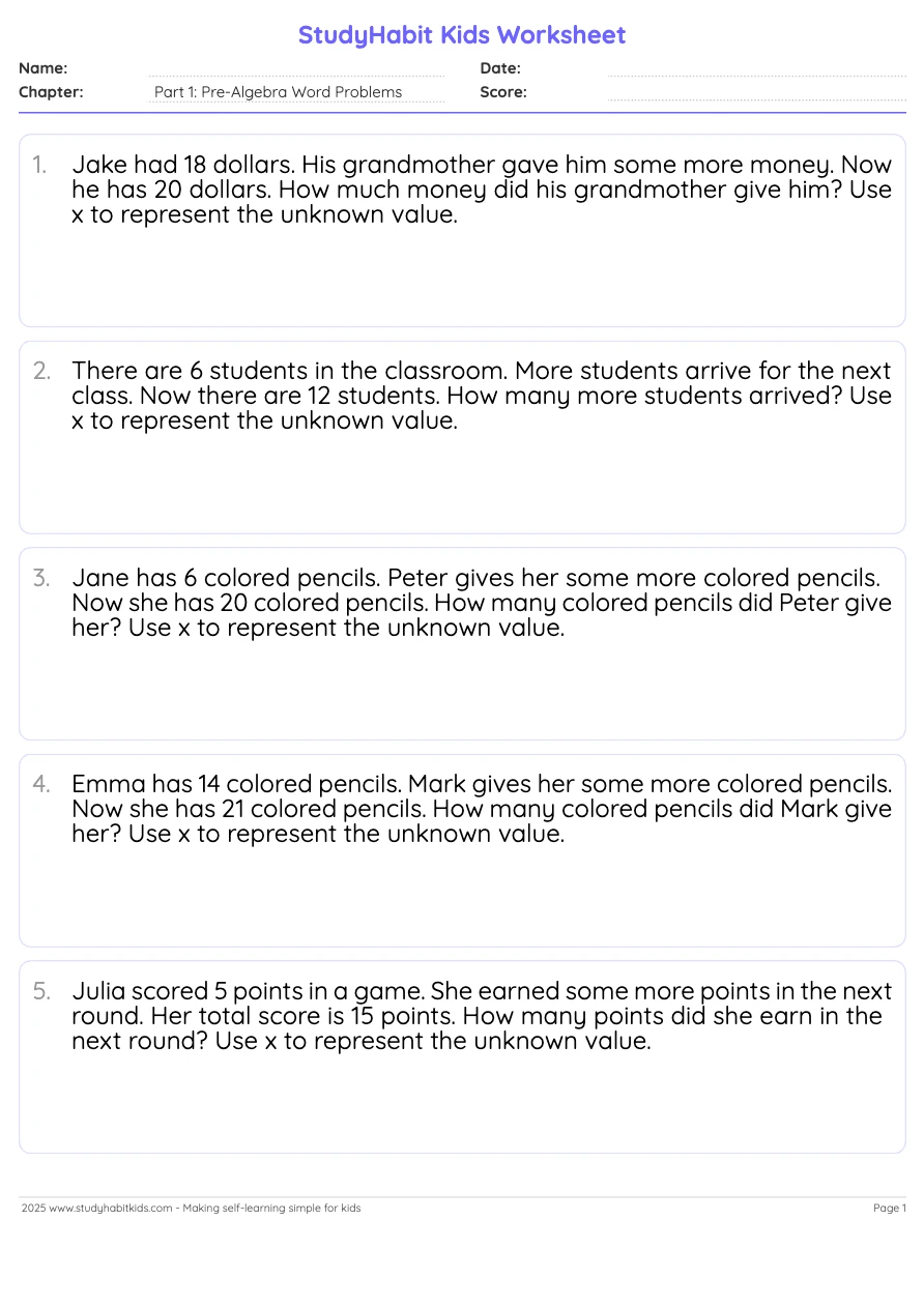 Fifth Grade Pre Algebra Word problems which solve equations like x + 5 ...