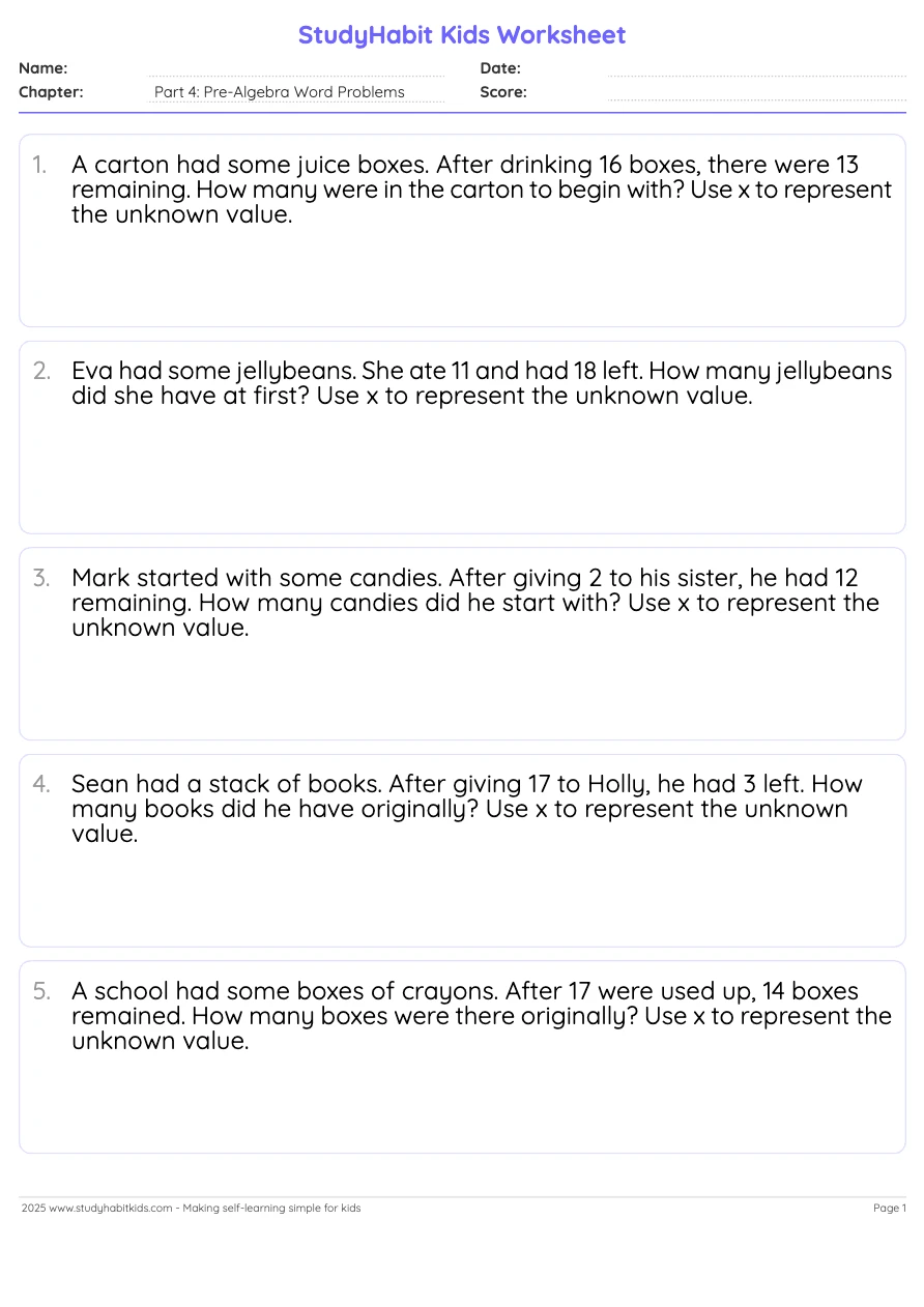 Fifth Grade Pre Algebra Word problems which solve equations like x - 5 ...