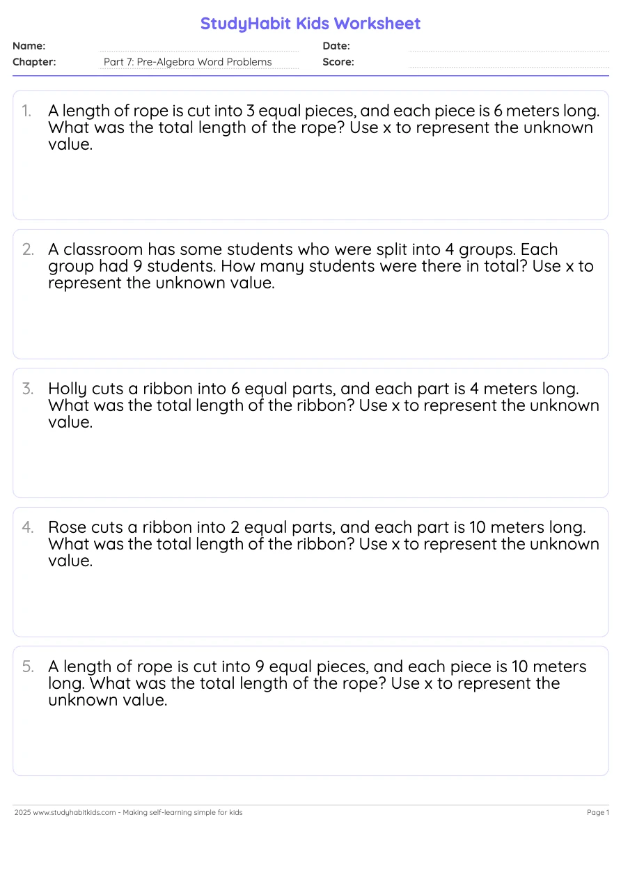 Fifth Grade Pre Algebra Word problems which solve equations like x/8 ...