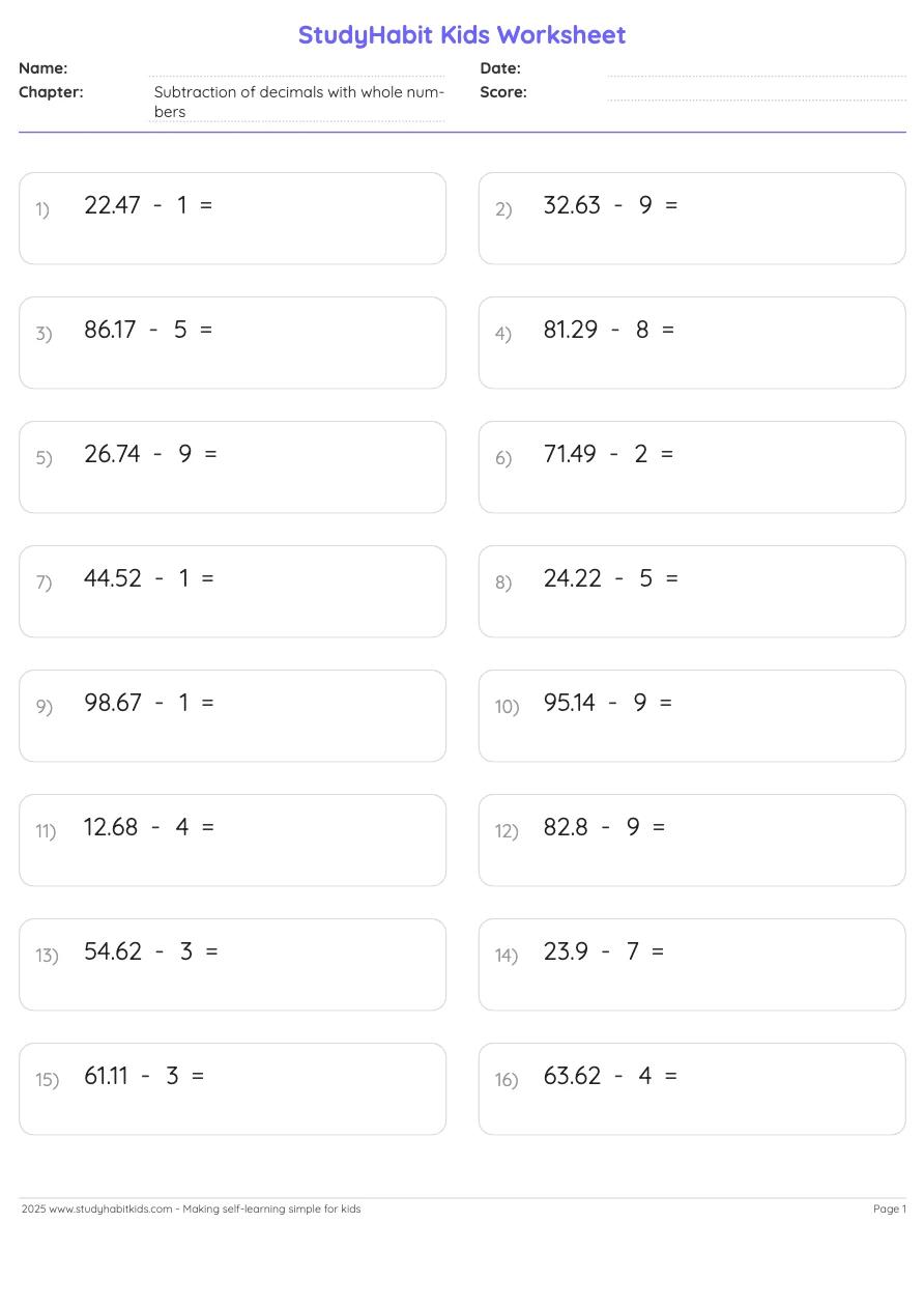Fifth Grade Subtraction Subtraction of decimals with whole numbers ...
