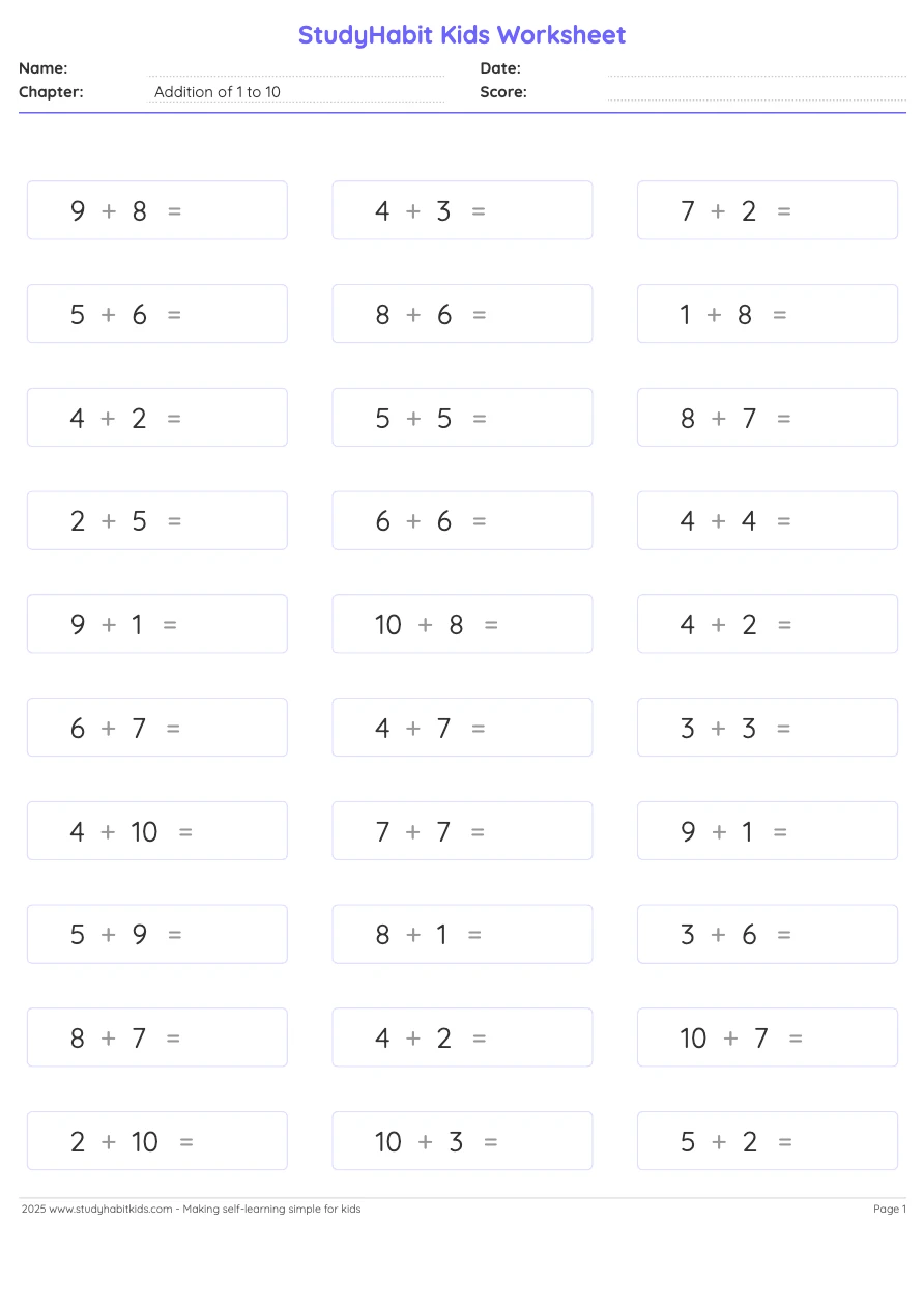 First Grade Addition Addition of 1 to 10 with numbers upto 10 worksheet ...