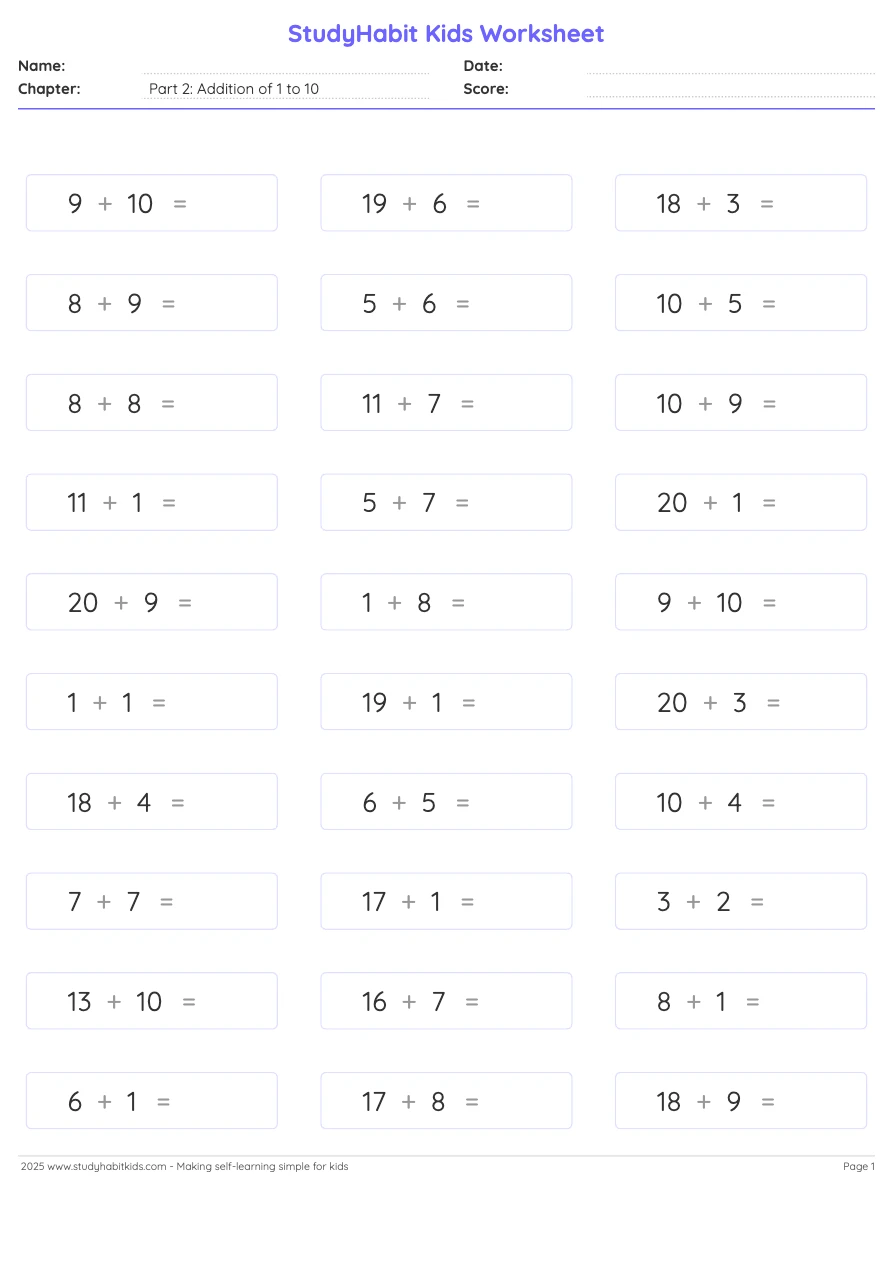 First Grade Addition Addition of 1 to 10 with numbers upto 20 worksheet ...