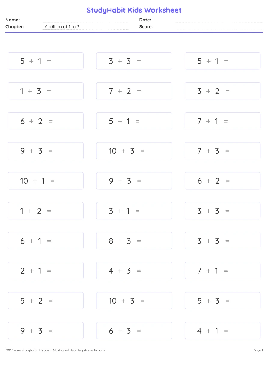 First Grade Addition Addition of 1 to 3 with numbers upto 10 worksheet ...