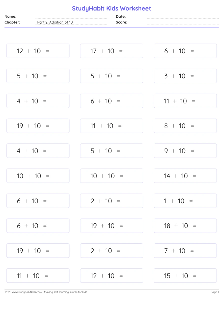 First Grade Addition Addition of 10 with numbers upto 20 worksheet ...